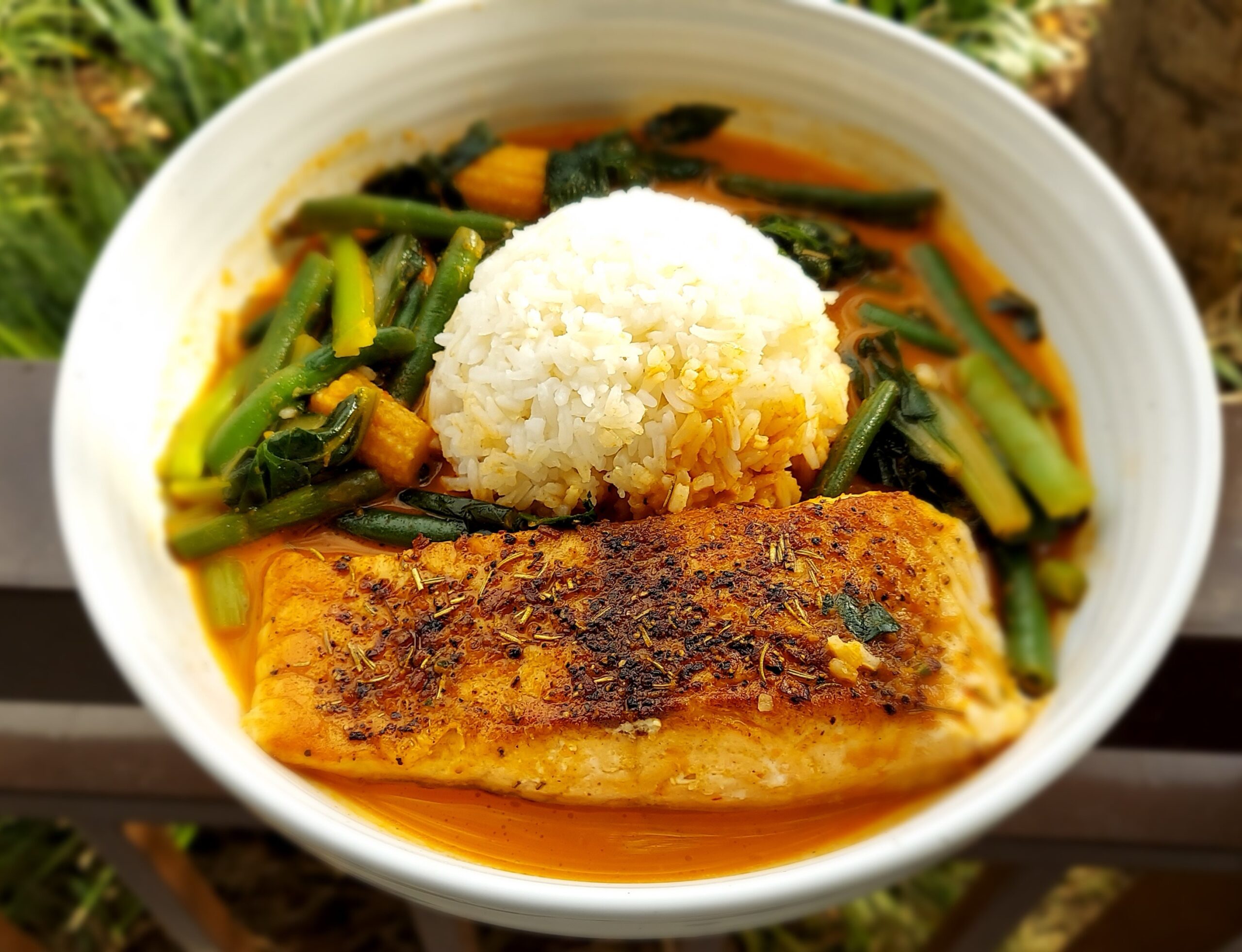 Pan-fried Salmon with Vegetable Panang Curry - Fast Simple and Good
